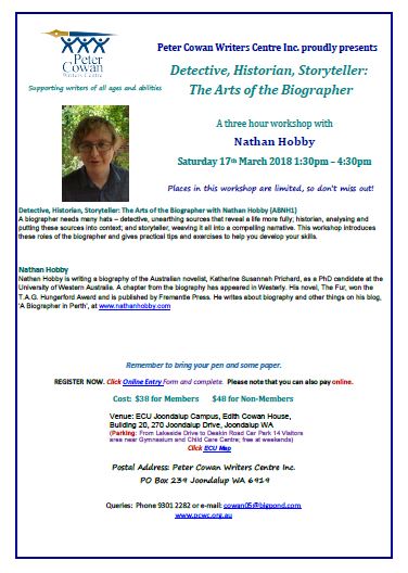 Biography workshop on 17 March 2018 | Nathan Hobby, a biographer in Perth